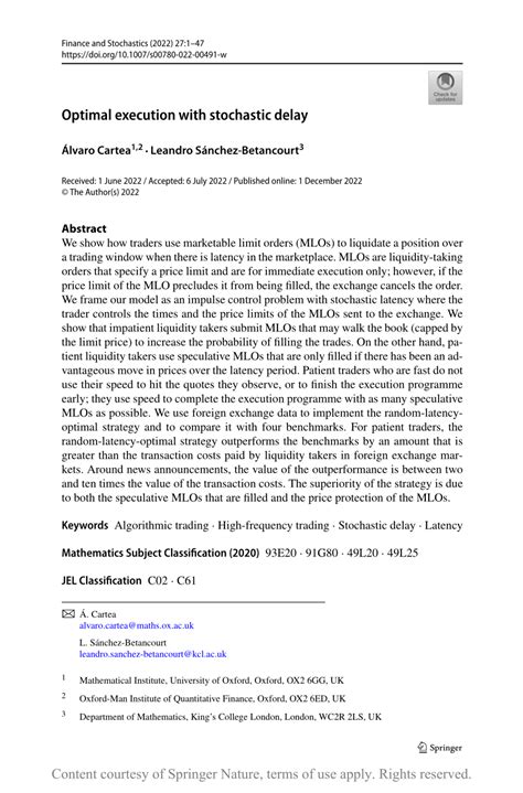 Pdf Optimal Execution With Stochastic Delay