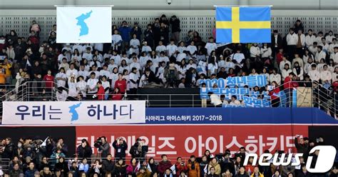 아이스하키 경기장에 걸린 한반도기