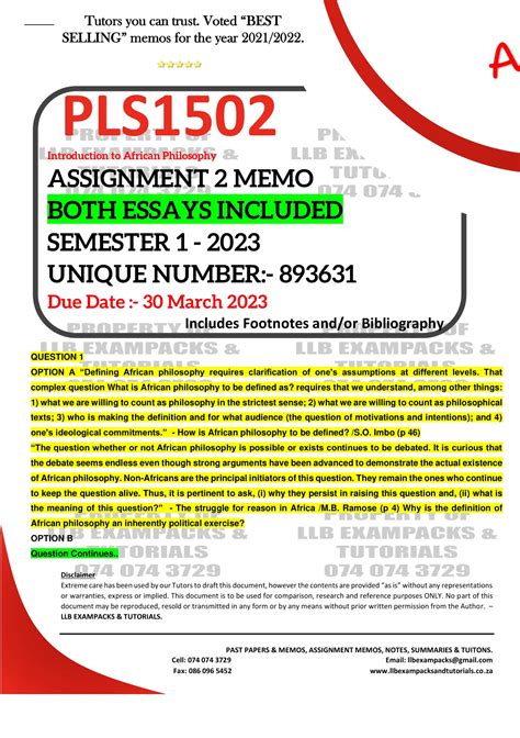 Pls1502 Assignment 2 Memo Semester 1 2023 Unisa Both Detailed