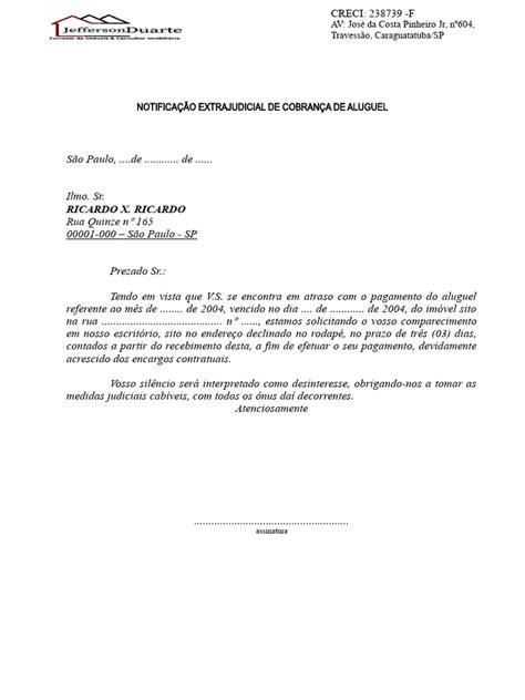 Notificação Extrajudicial Cobrança De Aluguel Pdf