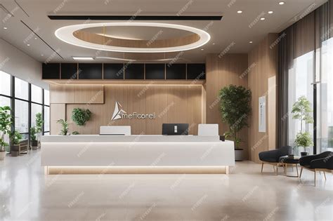 높은 천장이 있는 리셉션 데스크가 있는 설계 사무실 입구와 대기 공간 프리미엄 사진