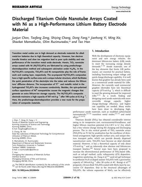 Discharged Titanium Oxide Nanotube Arrays Coated With Ni As A High