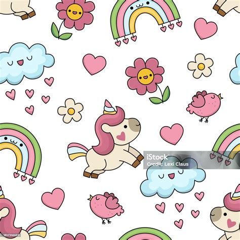 아이에 대 한 벡터 Kawaii 세인트 발렌타인 완벽 한 패턴입니다 귀여운 만화 반복 배경입니다 전통적인 사랑 휴일 상징 디지털 종이 유니콘 하트 무지개 꽃 새 구름 0명에