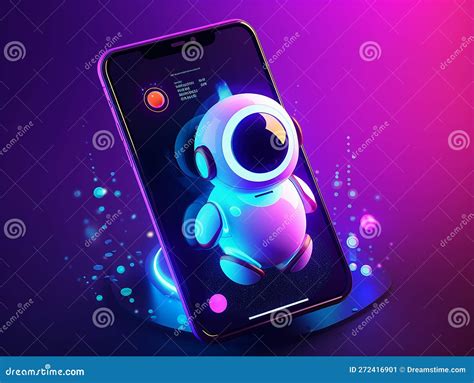 Futuristic Cute Robot In Screen Of Smartphone Concept Of Chatbot With