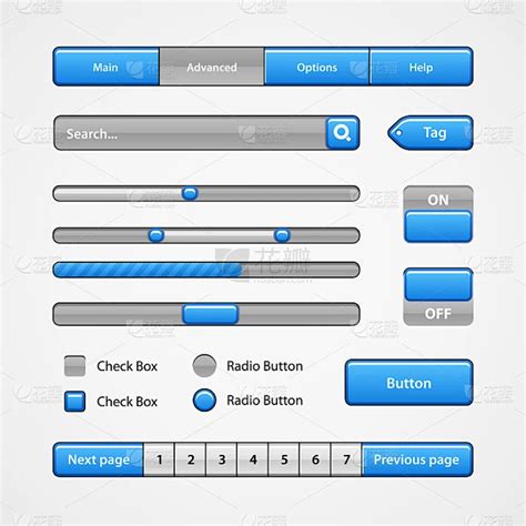 干净的浅蓝色用户界面控件。网络元素。网站，软件用户界面 按钮，切换器，滑块，箭头，下拉素材 花瓣网
