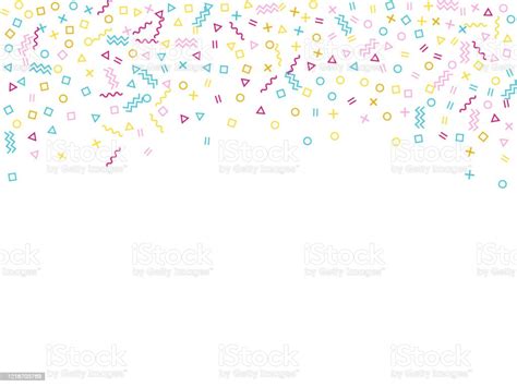 삼각형 원 사각형 모양 갈매기 및 물결 모양선 리본 멤피스 스타일 기하학적 색종이 벡터 배경 기하 도형에 대한 스톡 벡터 아트