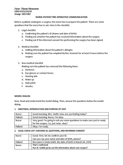 10 Pre Operative Checklist Model Dialog And Comprehension Questions