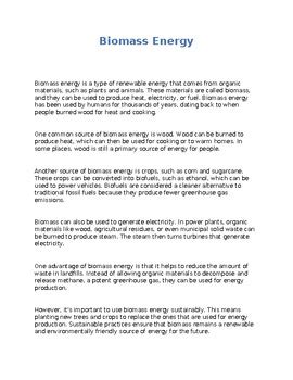Biomass Energy Reading Comprehension With Questions Answers Quiz