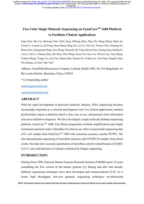 Pdf Two Color Single Molecule Sequencing On Genocare 1600 Platform To