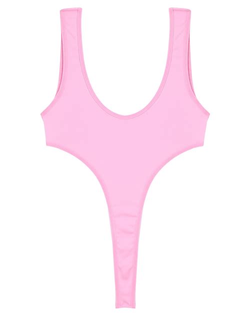 Acsuss Womens Sexy Ultra Thin See Through One Piece High Cut Legs Bodysuit Thong Leotard Pink