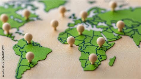 World Map With Markers Indicating Population Density Close Up Of A World Map With Wooden Markers