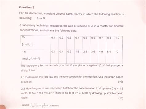 Solved Question 2 For An Isothermal Constant Volume Batch
