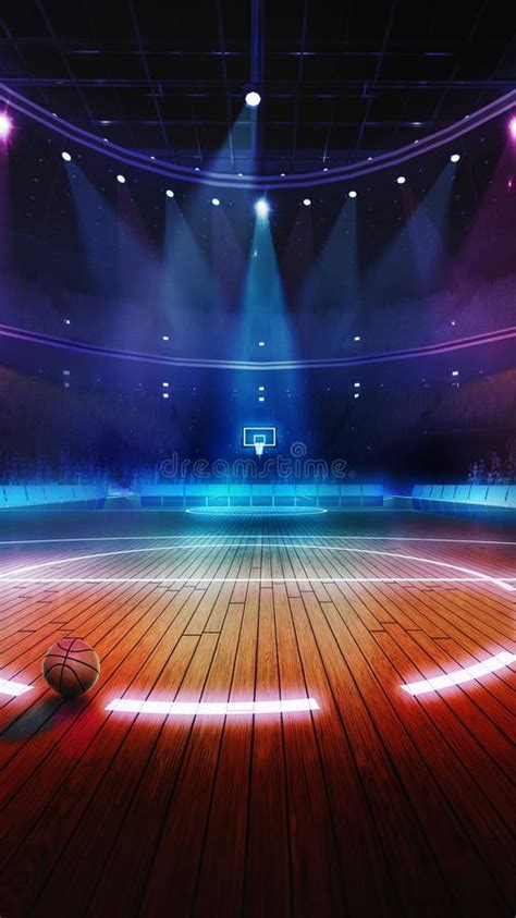Basketball Court In Vibrant Neon Lights With Single Basketball Resting At Center Of Illuminated