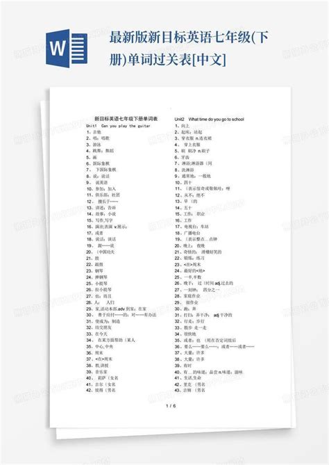 最新版新目标英语七年级下册单词过关表 中文 Word模板下载编号qvkvmddx熊猫办公