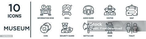 박물관 개요 아이콘 세트에는 얇은 선 안내 데스크 오디오 가이드 지도 경비원 꽃병 화장실 보고서 프레젠테이션 다이어그램 웹