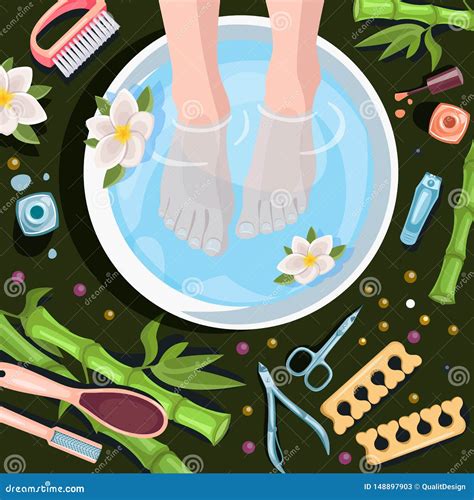 Pedicure Top View Female Feet And Instruments Vector Illustration