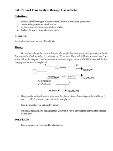Lab 7 Load Flow Analysis Through Gauss Siedel Objectives Pdf