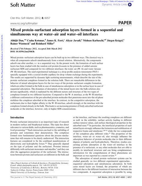 Pdf Mixed Proteinsurfactant Adsorption Layers Formed In A Sequential And Simultaneous Way At