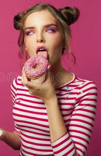 Pretty Woman Licking Donut Funny Girl Pink Background Pretty Woman