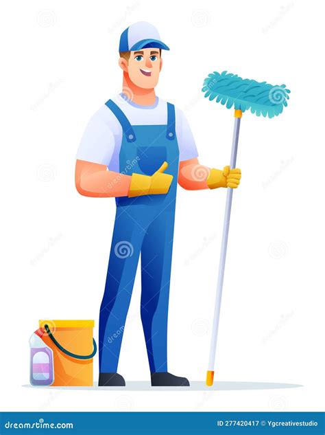 Cheerful Cleaning Man With Mop And Bucket Male Janitor Character Stock