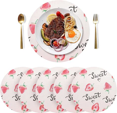 Sweet Watercolor Strawberry Round Place Mats Set Of 6 Heat Stain