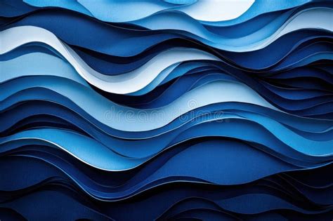 Dynamic Abstract Paper Cut Design Featuring Layered Water Waves With Deep Blue Hues And Smooth