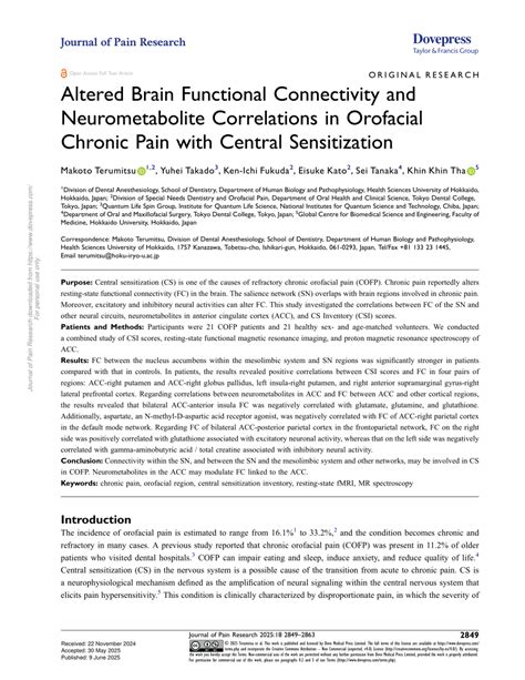 Pdf Altered Brain Functional Connectivity And Neurometabolite Correlations In Orofacial