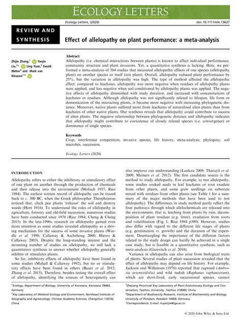 Pdf Effect Of Allelopathy On Plant Performance A Meta Analysis