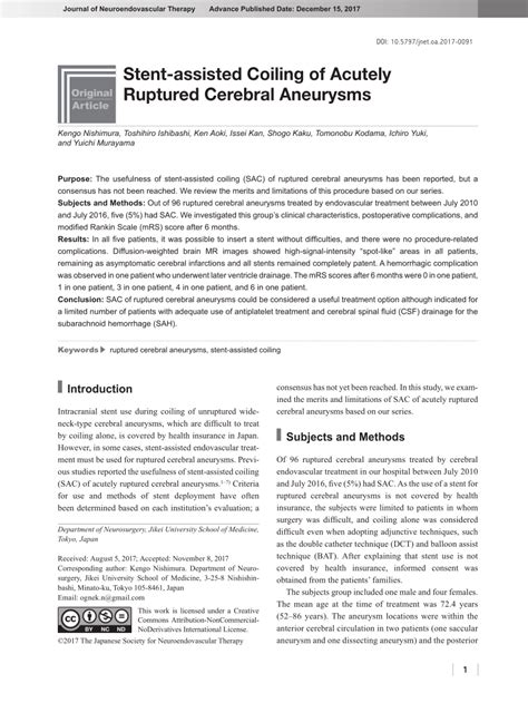 Pdf Stent Assisted Coiling Of Acutely Ruptured Cerebral Aneurysms