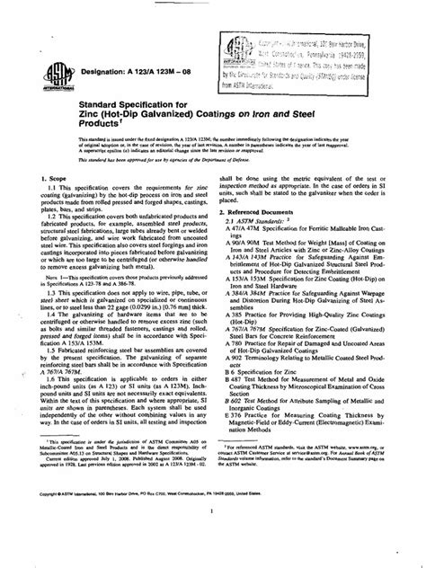 Asmt A 123 A 123m 08 Standard Specification For Zinc Hot Dip Galvanized Coatings On Iron