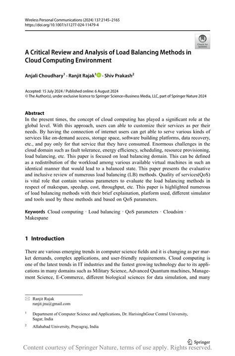 A Critical Review And Analysis Of Load Balancing Methods In Cloud Computing Environment