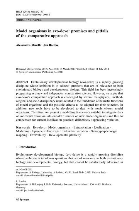 Pdf Model Organisms In Evo Devo Promises And Pitfalls Of The