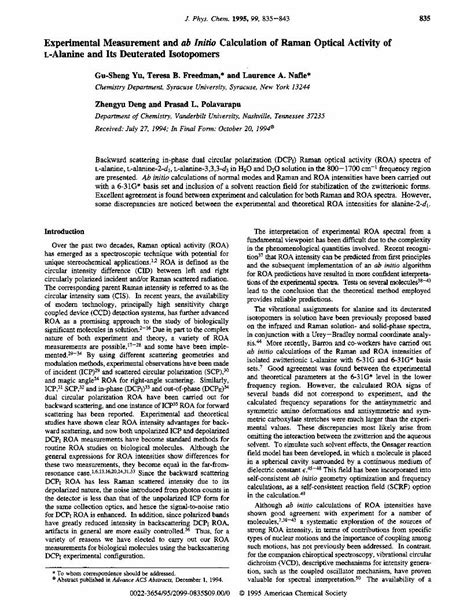 Pdf Experimental Measurement And Ab Initio Calculation Of Raman Optical Activity Of L Alanine