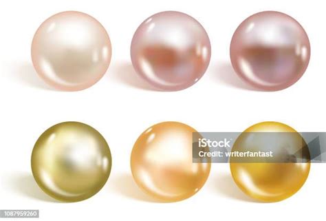 현실적인 다른 색상 진주 세트입니다 색된 Nacre 라운드 진주 굴 귀중 한 보석의 셸 내에서 형성 했다 벡터 일러스트 레이 션 3차원 형태에 대한 스톡 벡터 아트 및 기타