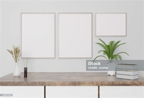 밝은 배경 3d 렌더링 3d 그림에 격리된 거실의 테이블 위에 있는 나무 바닥의 현대적인 인테리어 포스터 프레임 모형 0명에 대한 스톡 사진 및 기타 이미지 Istock