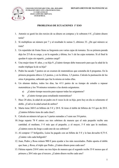 Problemas De Ecuaciones Libros De 1º Eso