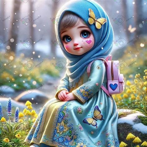 خرید و قیمت بک گراند کودکانه دختر کوچولوی ناز با حجاب نشسته روی تخته سنگ میان گلها کد 43653 ویژه