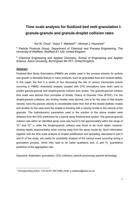 Pdf Time Scale Analysis For Fluidized Bed Melt Granulation I