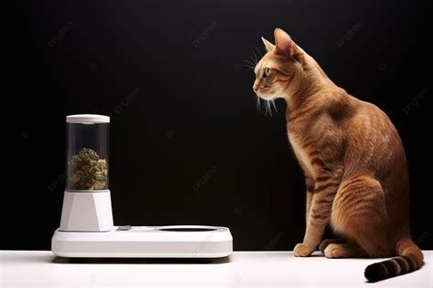 Fondo Un Gato Está Sentado Junto A Un Dispensador De Comida Para Gatos