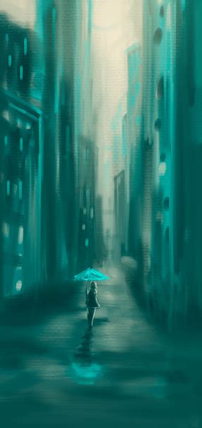 우산을 든 어린 소녀가 비오는 도시 길을 걷고 있다 디지털 페인트 그림 배경 거리에 대한 스톡 벡터 아트 및 기타 이미지 거리 건축물 걷기 Istock