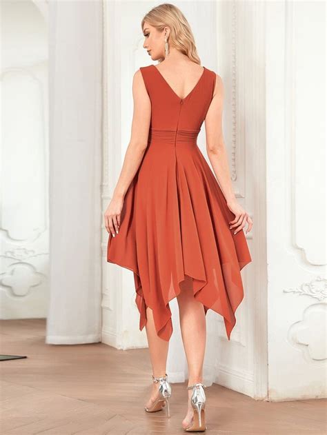 Chiffon Double V Neck A Line Bridesmaid Dress With Asymmetrical Hem