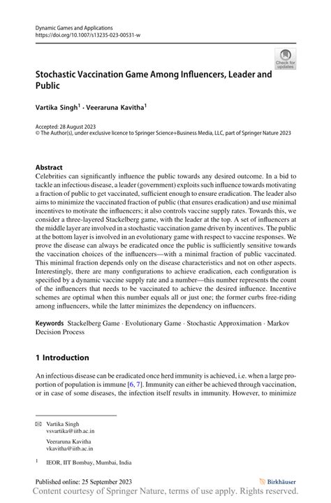 Stochastic Vaccination Game Among Influencers Leader And Public Request Pdf