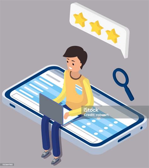 남자는 노트북에서 일하거나 공부하고 있습니다 별 등급 시스템과 함께 작업합니다 온라인 학습 개념 Brand Name Smart Phone에 대한 스톡 벡터 아트 및 기타