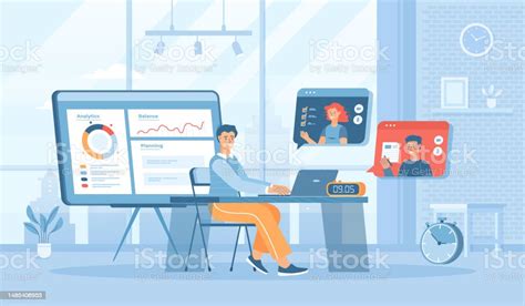 화상 비즈니스 회의 온라인 회의 동료와의 가상 화상 토론 플랫 만화 벡터 일러스트레이션 배너 웹사이트 디자인 랜딩 웹 페이지를 위한 인물 캐릭터 Brand Name