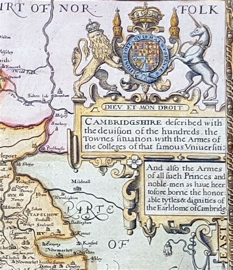 1610 John Speed Antique Map Of The English County Of Cambridgeshire