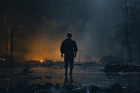 Un Soldat Seul La Nuit Sous La Pluie Photo Gratuite