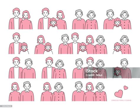 다양한 가족 형태의 삽화 부모 자식 커플 한부모 조합 결혼과 이혼 육아와 보살핌 라인아트에 대한 스톡 벡터 아트 및 기타 이미지