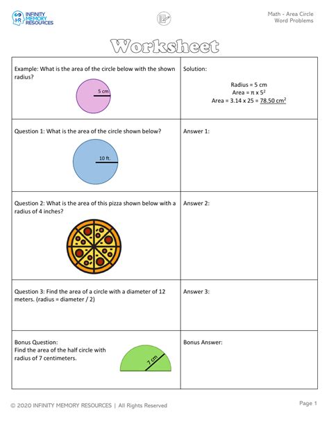 Area Circle Matching Worksheet Pango
