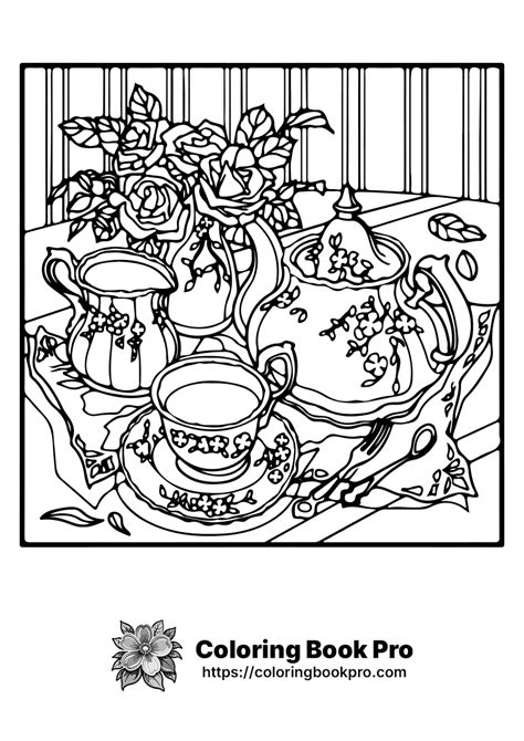 Tea Set With Roses Coloring Page Free Printable Flowers 759