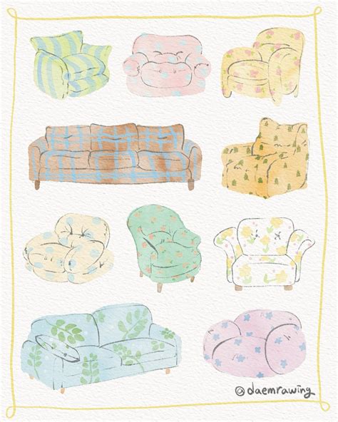 댐로잉ㅣ일러스트 작가 On Instagram 갖고 싶은 아늑한 소파들🛋 푹신픅신하고 예쁜 소파에 앉아 조용히 노래 들으면서 책 읽고 싶네요 ˘͈ᵕ˘͈ 저의 픽은 3